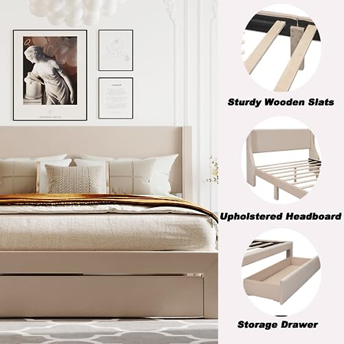 Queen Size Velvet Platform Bed Frame with Headboard, Upholstered Platform Bed Frame with Storage Drawer, No Box Spring Needed, Sturdy Wood Slat Support for Bedroom Boys Girls Teens Room (Queen, Beige)