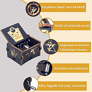 Kcikn Music Box Wooden Engraved The Nightmare Hand-cranked Musical Box, Playing Melody This is Halloween Music Box for Halloween Christmas Thanksgiving Black (Small Size)