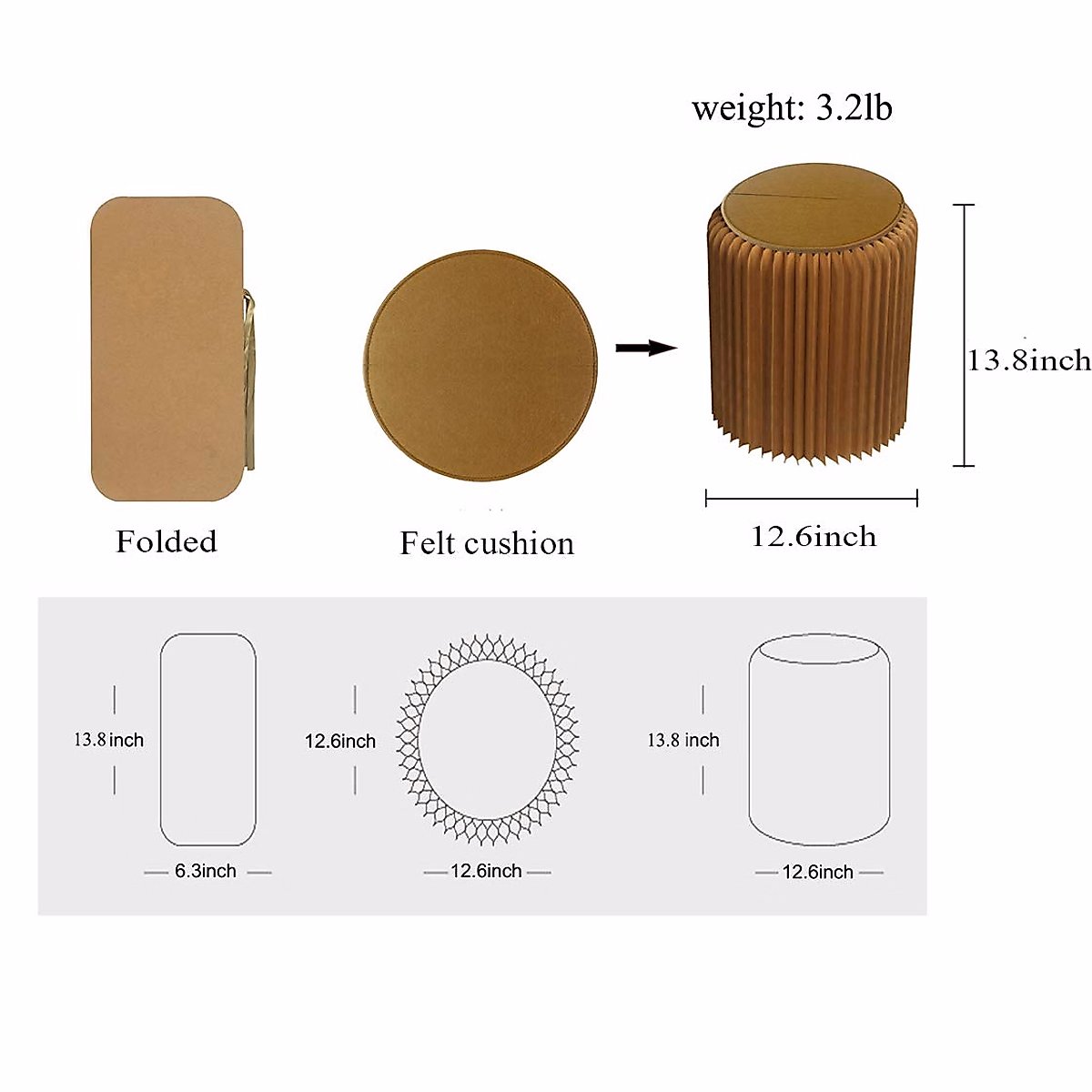 Home Round Stool Foldable Brown - 13.8inch Heigh with Felt Cushion, Space-Saving Dressing Room Chair Seat Small - Fabulous Presents for Family, Friends’ New House