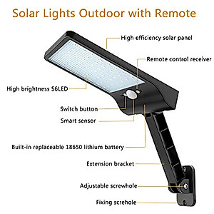 Solar Lights Outdoor with Remote Adjustable Pole 56Led,Waterproof, Motion Sensor Multi-Mode Solar Security Light for Fence,Yard,Road,Porch,Corridor,Garden,Grage(56LED-BLACK-2PACK)