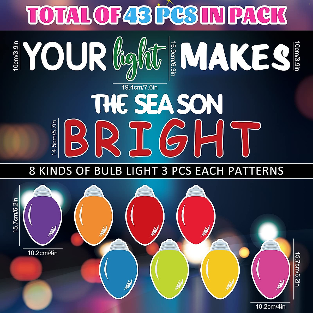 Whaline 43Pcs Light Bulbs Cutouts Bulletin Board Cutouts Christmas Cut Outs with 100 Glue Points Your Light Make The Season Bright Letter Paper Cutting for Xmas Home School Classroom Party Supplies