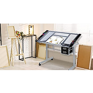 ZENY Adjustable Drafting Table, Glass Art Table Artist Drawing Desk Craft Table, Tilting Draft Table Desk on Wheels