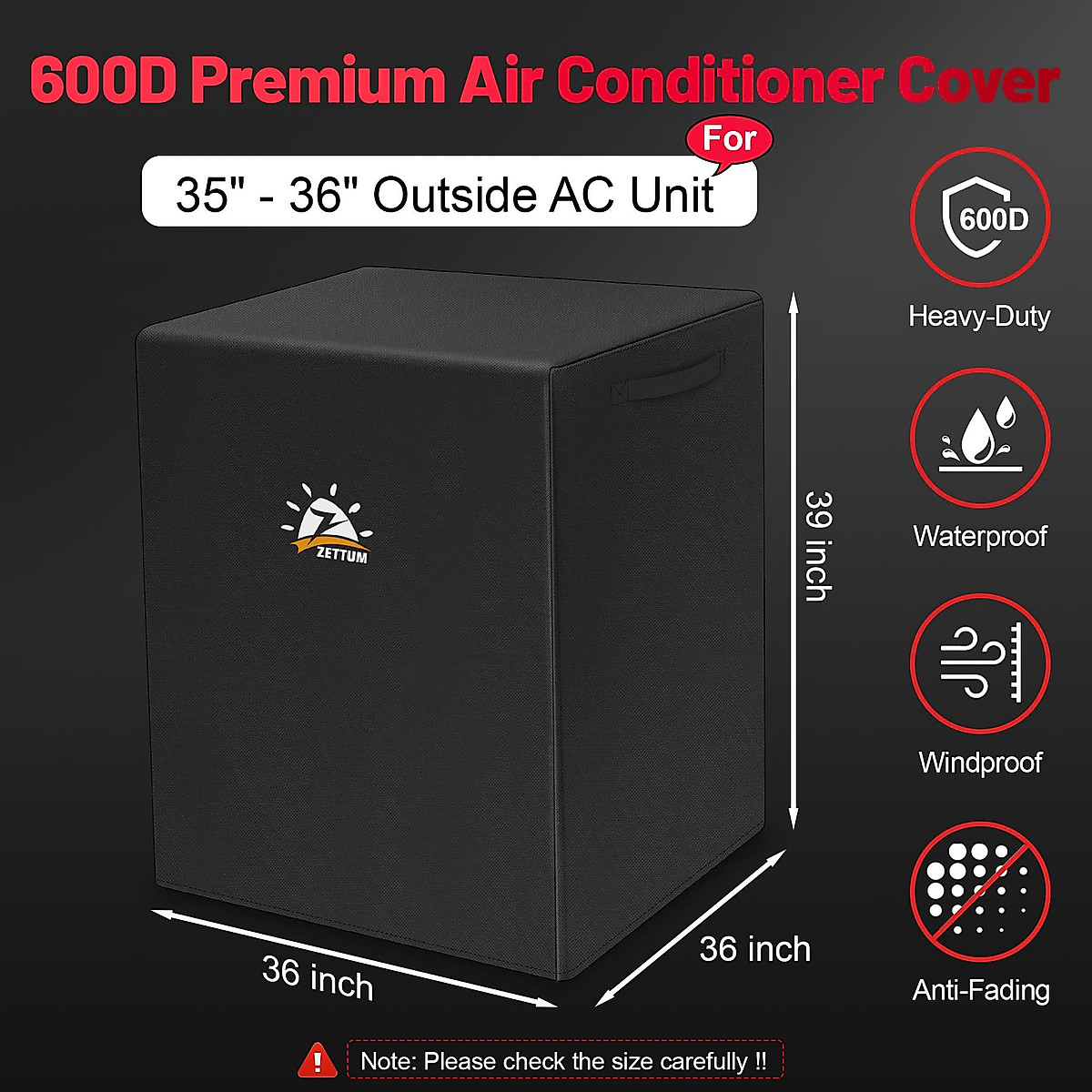 Zettum Air Conditioner Cover for Outside Units 36 Inch - 600D Air Conditioning AC Covers Waterproof, Outdoor Winter Cover for Central AC Condenser, Swamp Cooler, Pool Heater, Heat Pump, HVAC and More