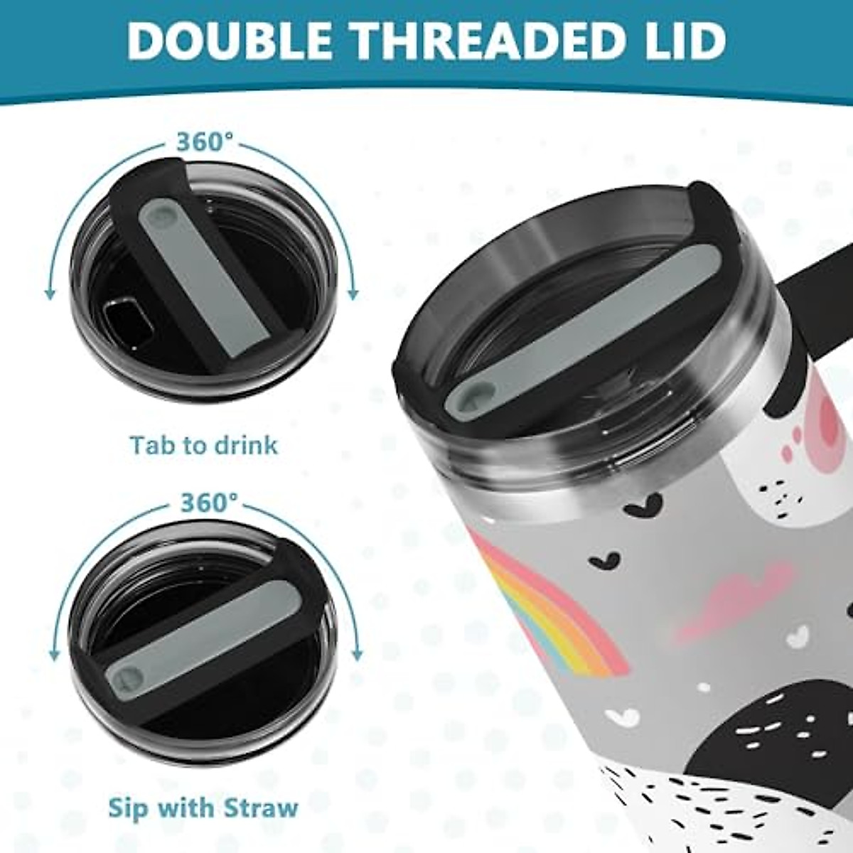FRCSDIY Rainbow Panda Insulated Tumbler with Handle and Straw Lid,30oz Leakproof Stainless Steel Cup BPA-Free Water Bottle