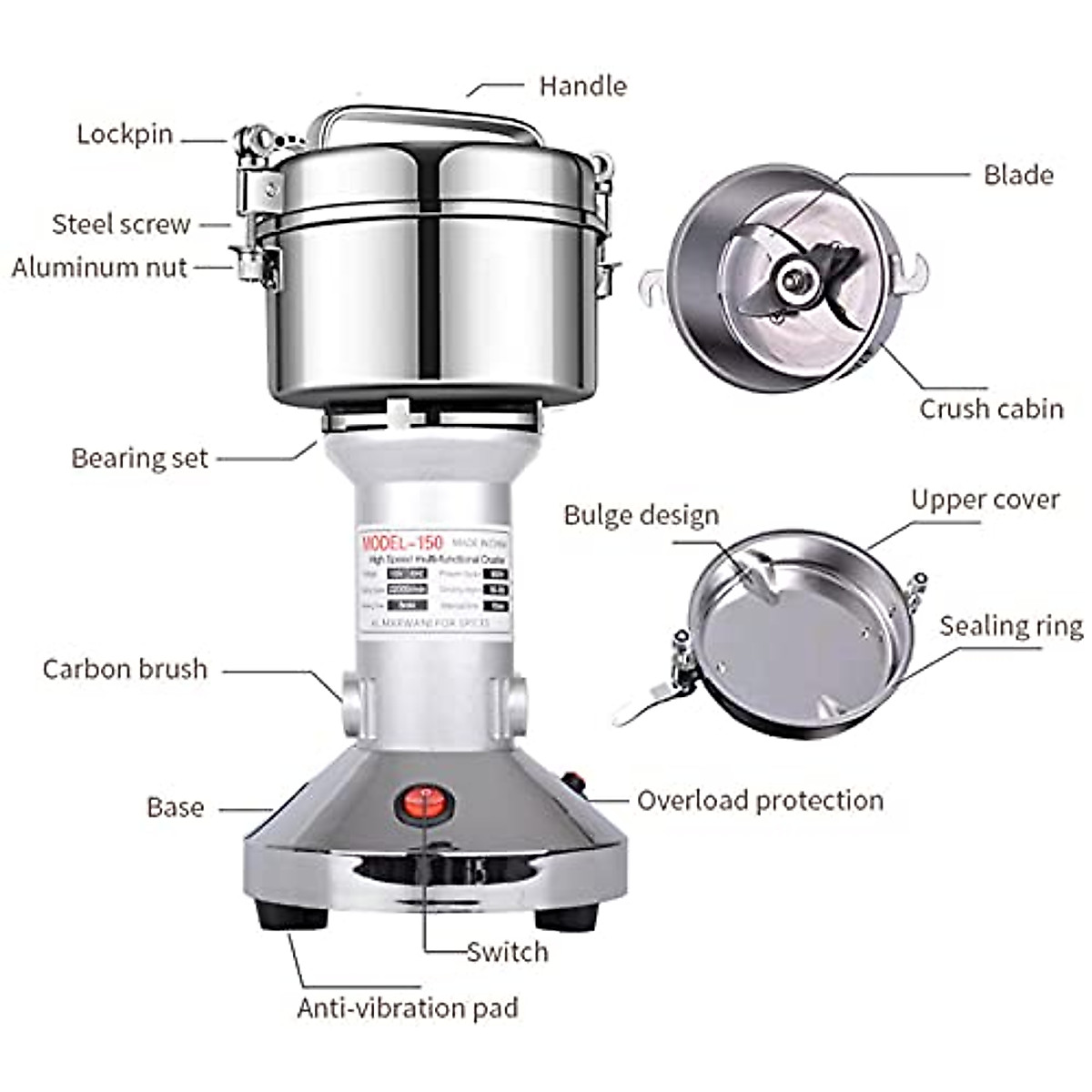 Grain Mill 150g High Speed Food Electric Stainless Steel Grinder Mill Seeds Flour Nut Pill Wheat Corn Herbs Spices & Seasonings Grinder Dry Grain Powder Machine