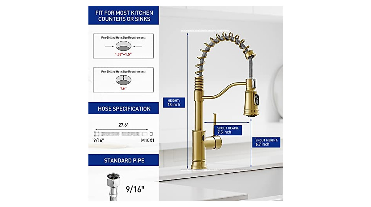 Touchless Brushed Gold Kitchen Faucet with Pull Down Sprayer | Smart Sensor