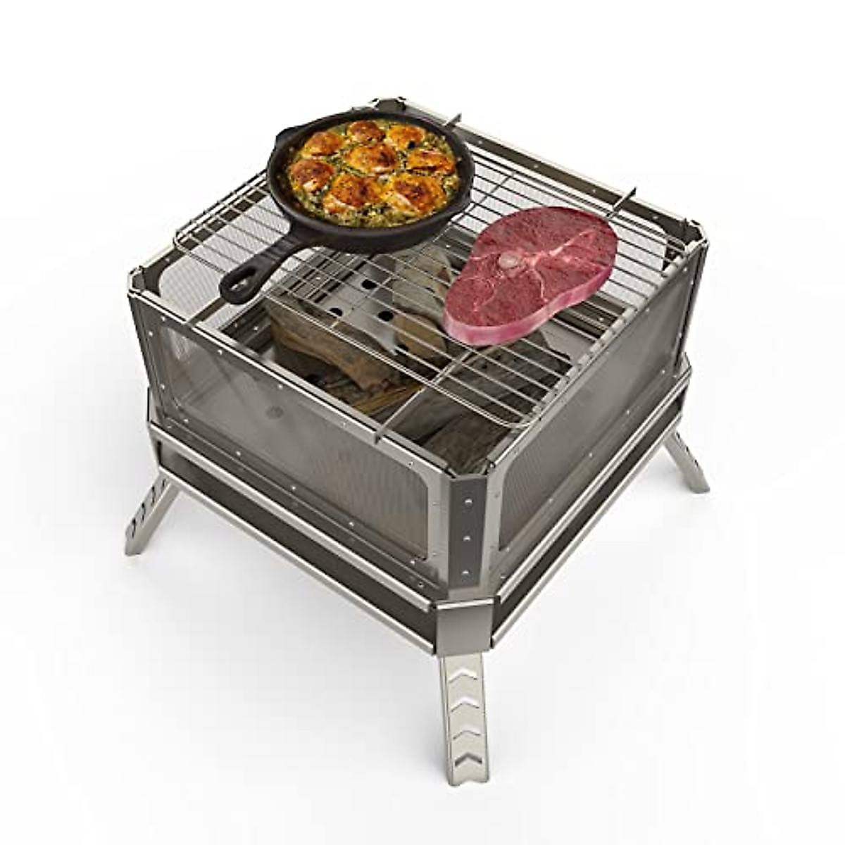 FlareTOP Portable Stainless Steel Fire Pit, Outdoor Foldable Firepit, Small Wood Burning Bonfire Pit, Camping BBQ Grill for Patio, Backyard, Log Grate, Poker