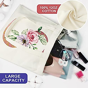 BeeGreen Initial Tote Bag Personalized Gift Tote Bag with 2 Inner Pockets Floral Canvas Tote Bag for for Women Monogram Tote Bag for Bridesmaid Wedding Day Bachelorette Shower Party (Letter S)