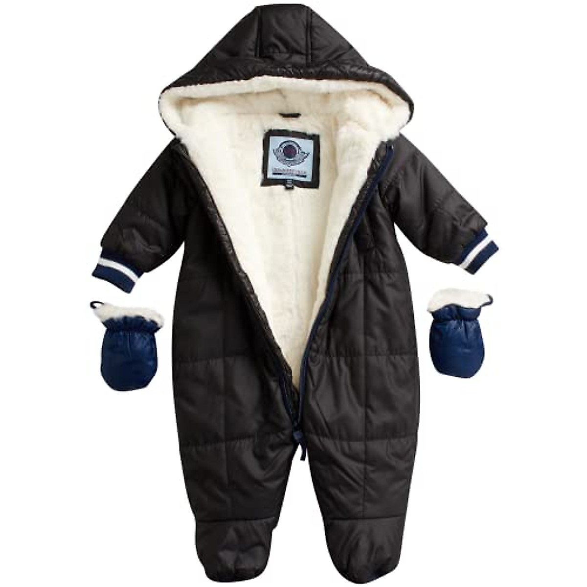 URBAN REPUBLIC Baby Boys' Pram Snowsuit - Quilted Fleece Lined Bodysuit - Outerwear Coveralls, Removable Mittens (3-9M), Size 9 Months, Black Sherpa Footed