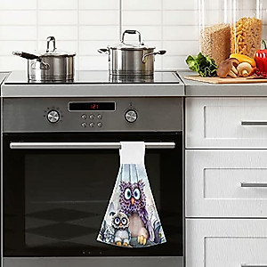 SLHKPNS Purple Owls Kitchen Hanging Hand Towels, Cartoon Art Absorbent Tie Towel with Loop 2 PCS Kitchen Linen Sets for Bathroom Restroom Home Decor, Purple Owl, 14x18in