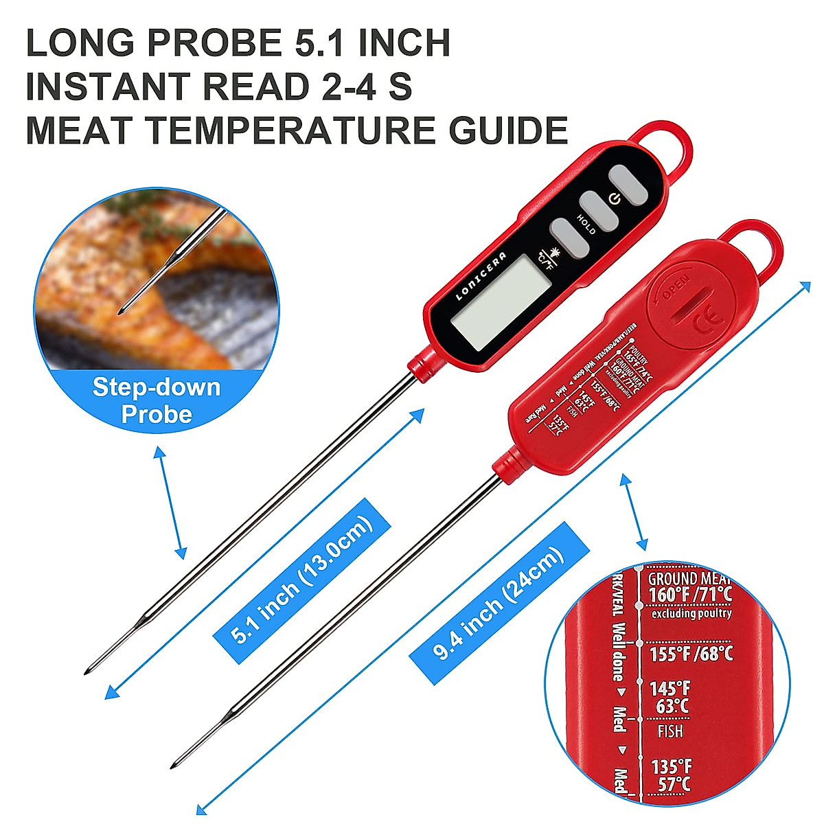 Lonicera Instant Read Digital Meat Thermometer for Cooking Food, Bread Baking, Water and Liquid Temperature, Waterproof and Long Probe for Candy, with Backlit LCD and Magnet (Red)