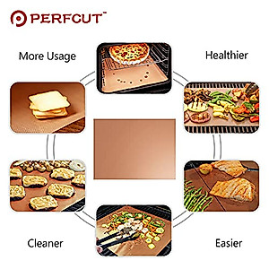 PERFCUT Copper Grill Mat 100% Non-Stick BBQ Grill & Baking Mats,Heavy Duty,Reusable and Easy to Clean for Electric Grill Gas Charcoal BBQ-15.75 x 13 Inch Set of 3-Golden