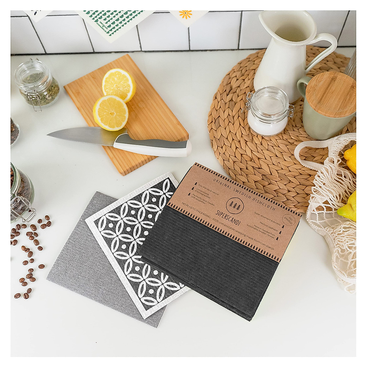 SUPERSCANDI Swedish Dishcloths for Kitchen Grey 10 Pack Reusable Compostable Kitchen Cloth Made in Sweden Cellulose Sponge Swedish Dish Cloths for Washing Dishes