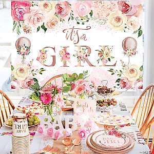 Baby Shower Decorations for Girl Pink and Rose Gold Floral Baby Shower Decor with It's A Girl Backdrop and Baby Girl Plates and Napkins for Sweet Baby Girl Shower Supplies Serves 20 Guests