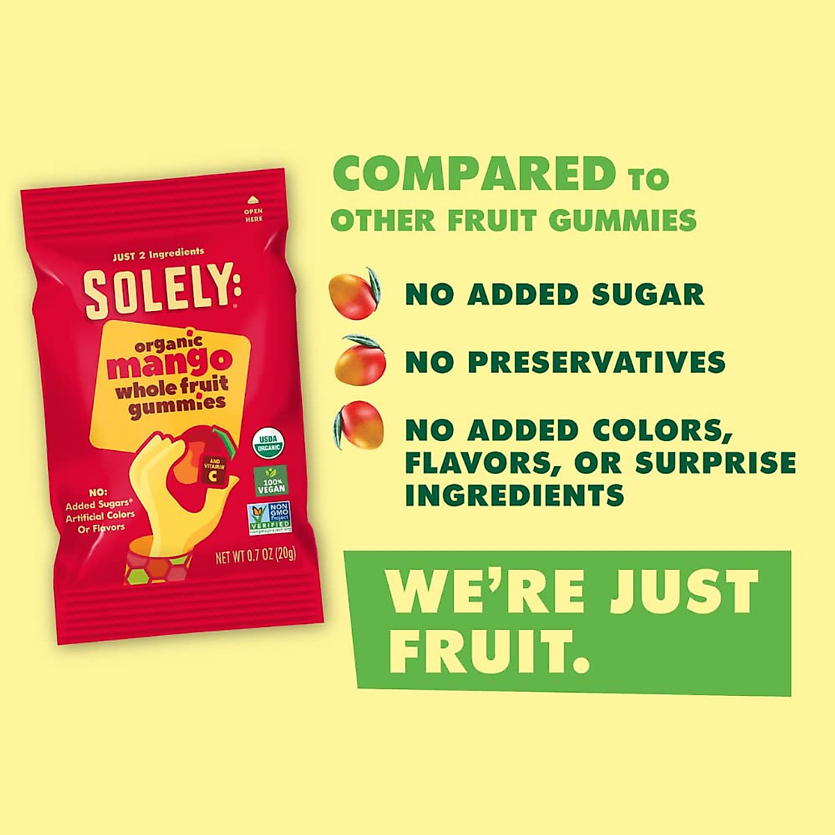Solely Fruit Gummies Variety Pack of 4 Bundle - 1 of each flavor (Organic Mango, Mango and Orange, Mango and Guava, Mango and Passion Fruit) 13 oz total No Added Sugar Vegan Organic Whole Dried Fruit Snacks