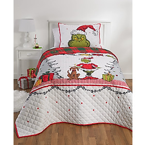 Franco Grinch by Dr. Seuss Holiday & Christmas Quilt Bedding Super Soft 2 Piece Pillow Sham and Quilt Set, Twin Size 68" x 86", (100% Officially Licensed Product)