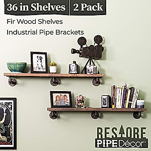 Industrial Pipe Wooden Shelves Restore by Pipe DÉCOR Premium Douglas Fir Wood Shelving 36 Inch Length Set of 2 Boards and 6 L Brackets Sunset Brown Finish