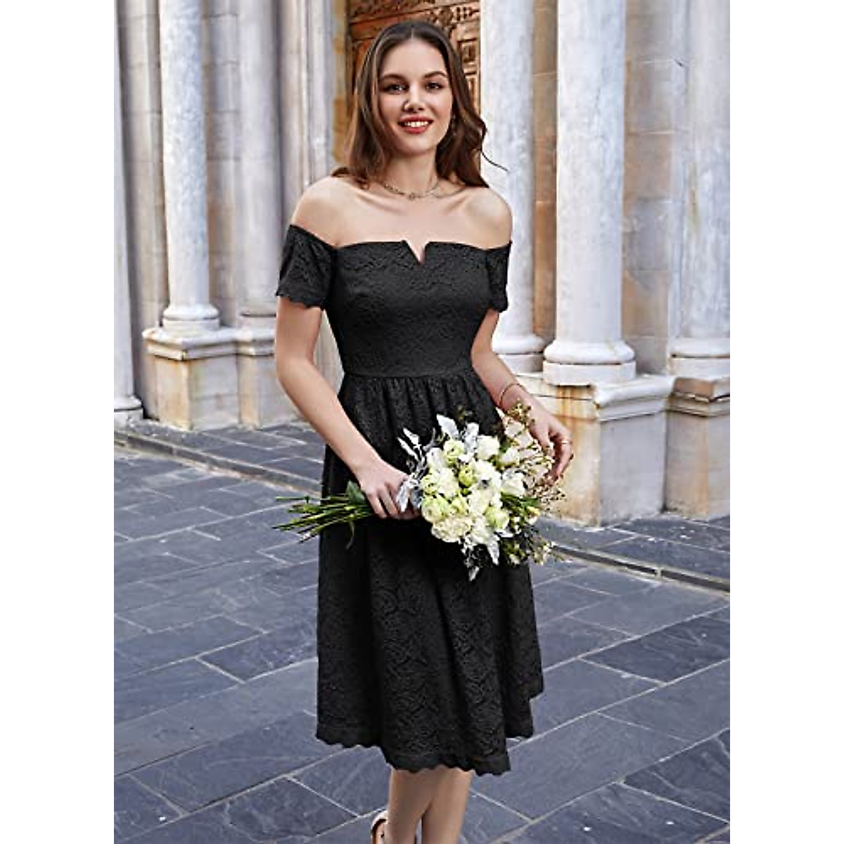 Women's Wedding Dress Short Sleeve Lace Dress Bridal Shower A Line Bridsmaid Party Dresses Black M