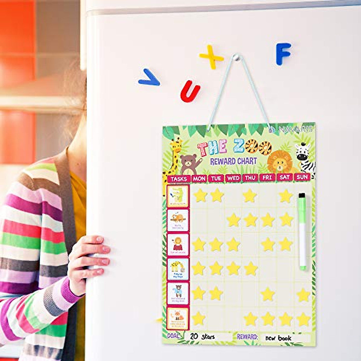 Navaris Kids Magnetic Reward Chart - Behavior Rewards Weekly Bedtime Chore Home Planner for Children - with Stars, Activity Magnets, Pen - Zoo Design