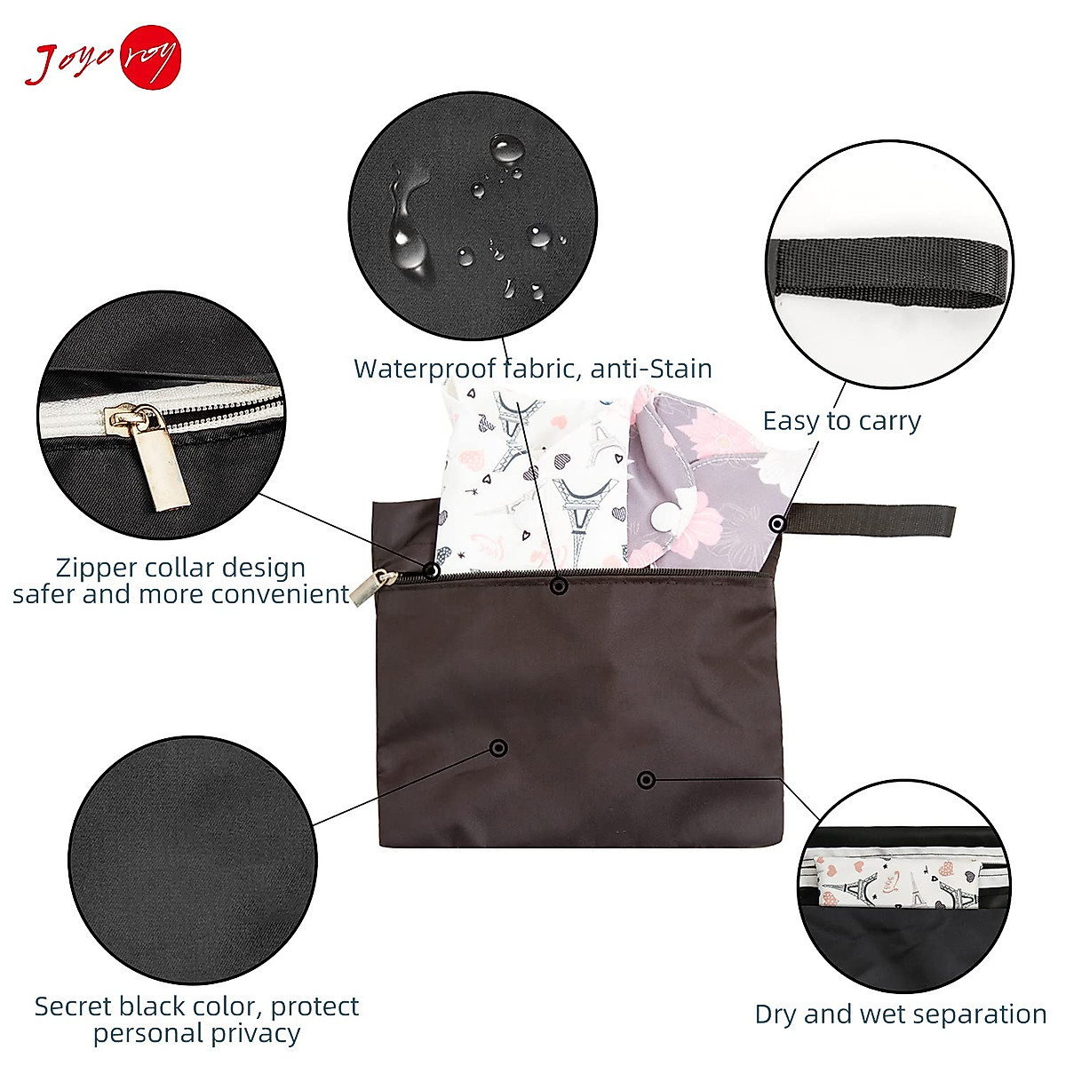 Joyo roy Small Wet Bag Mini Wet Bag Period Bag Black for Private Secret Waterproof Reusable for Girls Women Multi Use for Mama Cloth/Menstrual Pads/Sanity Cups/Breast Pads/Make Up Remover Pads