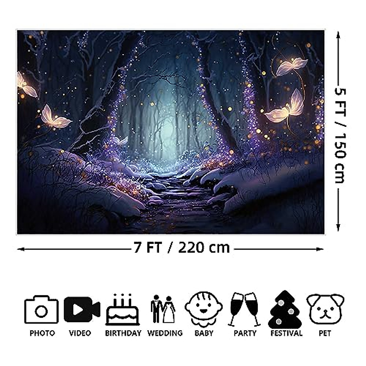 MOONDECO Photography Backdrop 7x5ft Butterfly Wonderland Forest Road Birthday Background Children Bluey Party Photo Booth Props Fire Fly Lamp Light Decorations