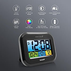 Sharp Atomic Digital Alarm Clock, Battery Operated Self-Setting Digital Wall or Desk Clock, Easy to Read Color Display Nightlight with Indoor Temperature and Calendar