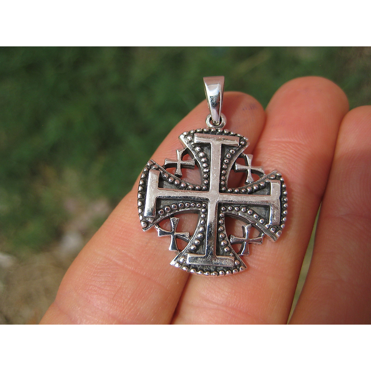 Himalayan Treasures 925 Sterling Silver Jerusalem Cross Fivefold Cross Crusaders Cross Emblem Medal Pendant Necklace A12
