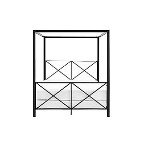 DHP Rosedale Metal Canopy Bed Frame with Four Poster Design and Geometric Accented Headboard and Footboard, Underbed Storage Space, Queen, Black