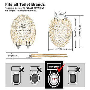 Resin Toilet Seat Elongated Soft Close Quick Release Heavy Duty Toilet Seats with Glitter Cover Acrylic Seats Gold Foil 19 Inch