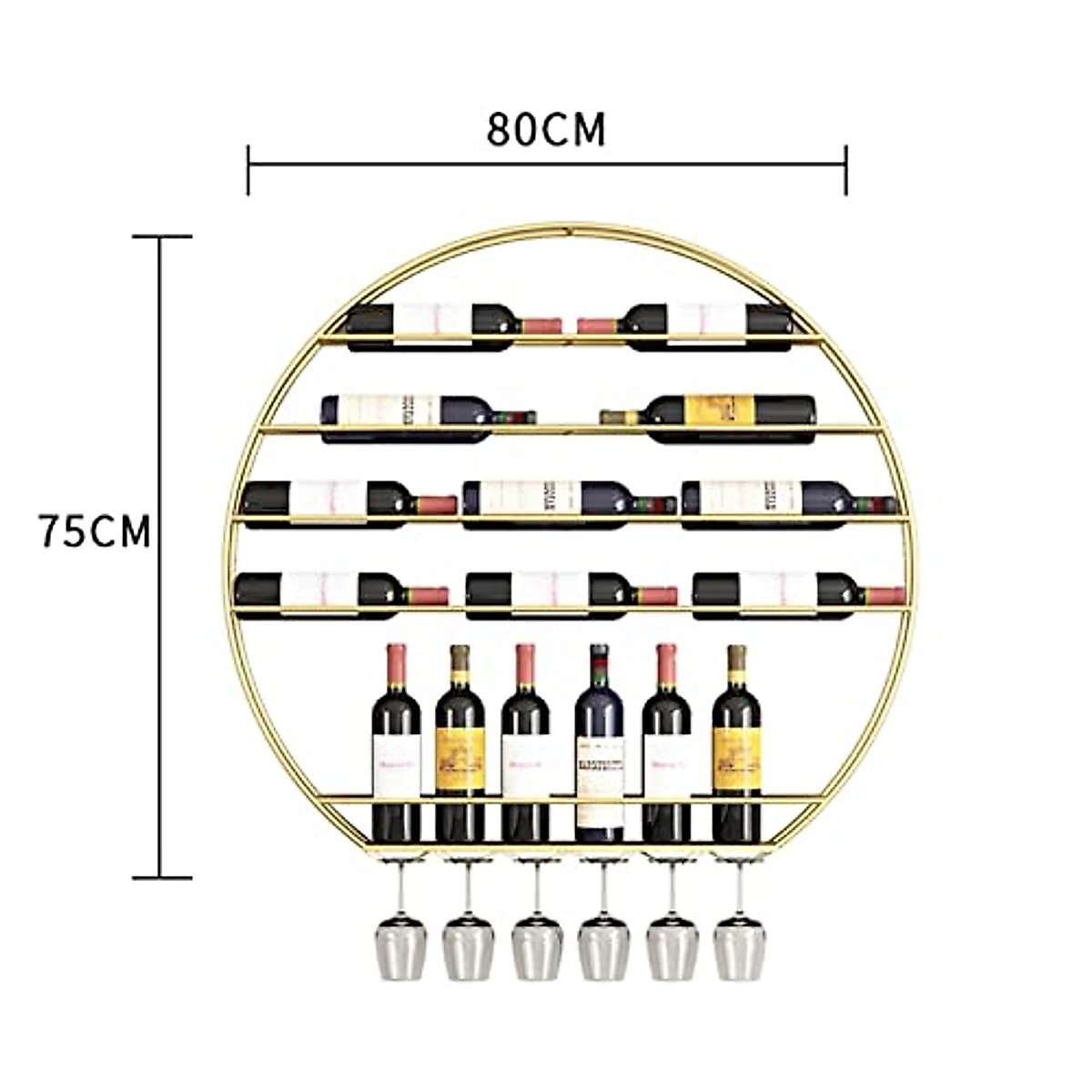 Gold Round Wall-Mounte Wine Rack ， Bar Restaurant Kitchen Wine Bottle Storage Shelf ，Hanging Wine Glass Holder Suspended Stemware Floating Organizer Shelves