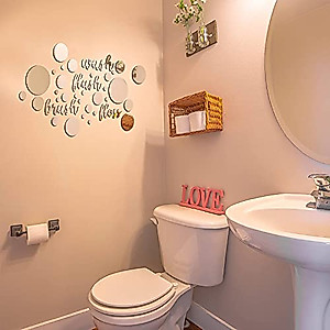 30 Pieces Bathroom Wall Decals Wash Flush Brush Floss Stickers 3D Round Mirrors Wall Art Decal Self Adhesive DIY Acrylic Mirror Decor Beautiful Art Words Decor for Home Bedroom Living Room (Silver)