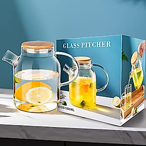 PARACITY Glass Pitcher 61 oz/ 1.8 L, Water Pitcher with Lid and Filter, Iced Tea Pitcher with Large Spout, Easy to Clean High Borosilicate Glass Pitcher for Lemonade, Juice, Drinks, Hot/Cold Water