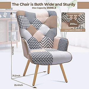 Bafode Accent Chair, Arm Chair for Living Room, Reading Chairs with High Back and Solid Wood Legs, Comfy Chairs for Bedroom, Boho Decor Patchwork Lounge Chair for Office or Balcony(Grey)