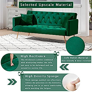 KINFFICT Velvet Futon Sofa Bed with 2 Pillows, Convertible Sleeper Sofa Couch with 3 Angle Adjustable Backrest, Modern Loveseat with 4 Golden Metal Legs for Living Room and Bedroom (Green)