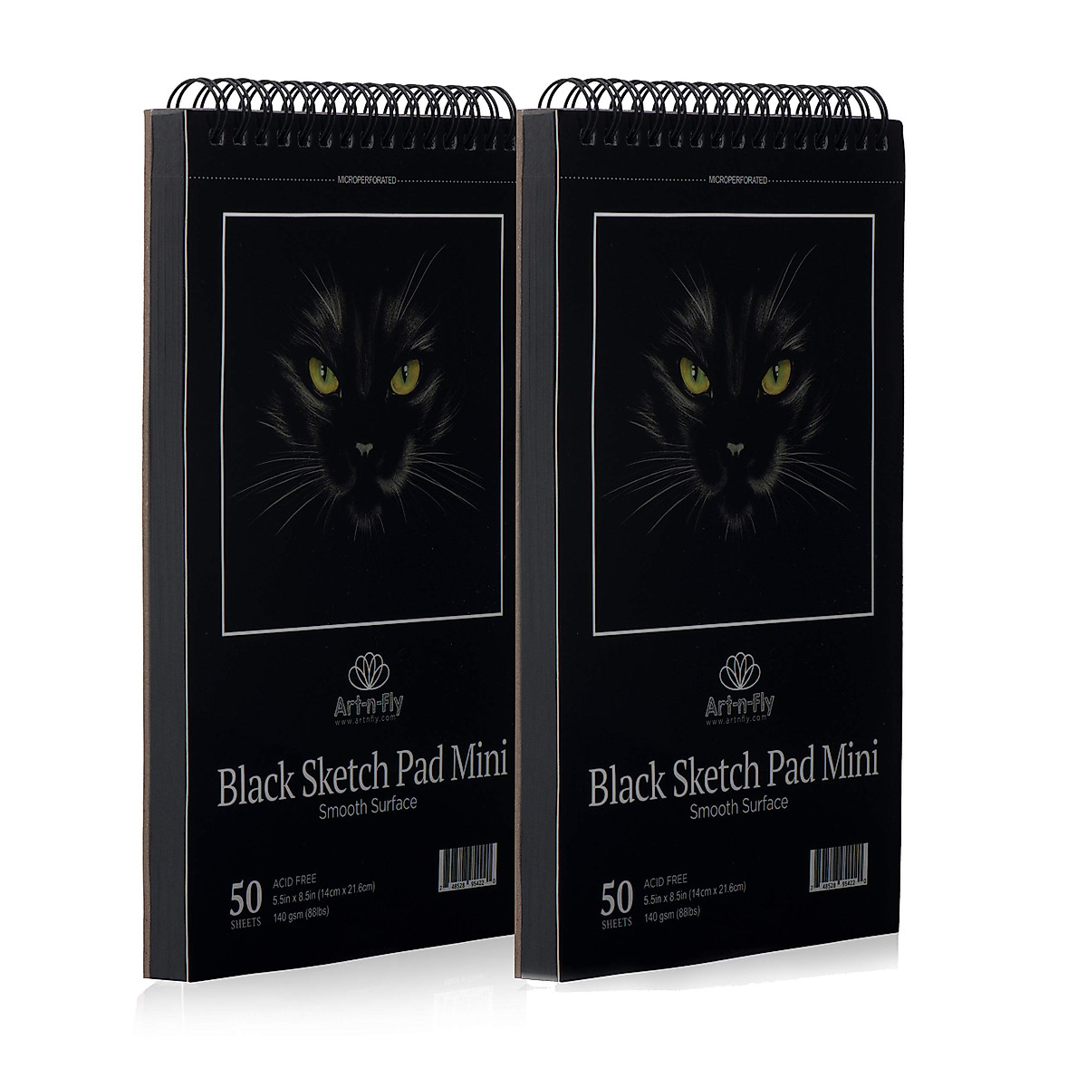 Art-N-Fly Black Sketch Pad Mini 5.5x8.5" 2 Pack - Black Paper Sketchbook for Drawings, Perforated Edge on Spiral 100 Sheets Total - Art Sketch Book for Coloured Pencils, Graphite, Pastels & Gel Pens