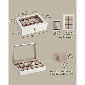 SONGMICS Watch Box, 12-Slot Watch Case with Large Glass Lid, Removable Watch Pillows, Watch Box Organizer, Gift for Loved Ones, Cloud White Synthetic Leather, Cappuccino Beige Lining UJWB120W01