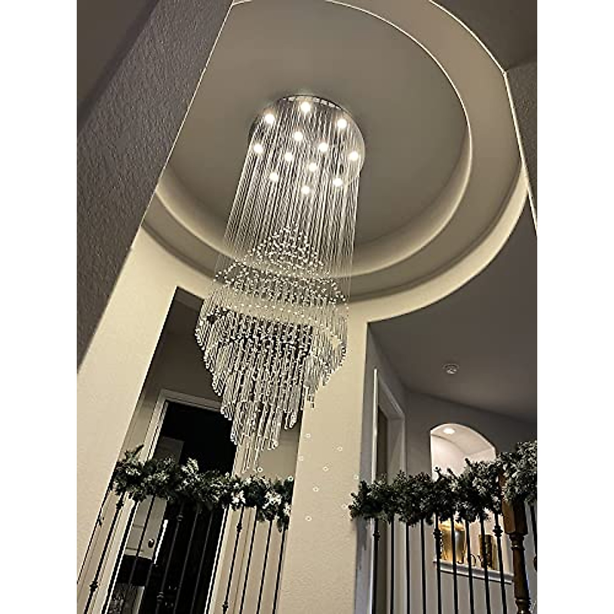 Luxury Large Foyer Chandelier, Modern 12-Lights Round Raindrop Crystal Chandeliers High Ceiling Flush Mount Light Fixtures for LivingRoom Entryway, Stairs D31.5 X H86.7 of CRYSTOP