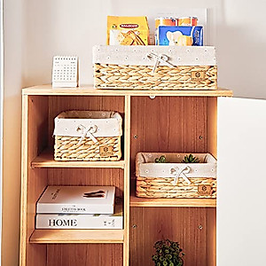 QH & Garden Hand-Woven Water Hyacinth Storage Baskets,Decorative Rectangular Wicker Basket with Detachable Liner,Natural Seagrass Woven Organizer Baskets for Shelves (set of 3)