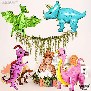 KatchOn, Large Pink Dinosaur Balloons for Birthday Party - Pack of 4 | Pastel Dino Balloons for Dinosaur Party Decorations | Dinosaur Birthday Party Supplies | Three Rex Birthday Decorations Girl