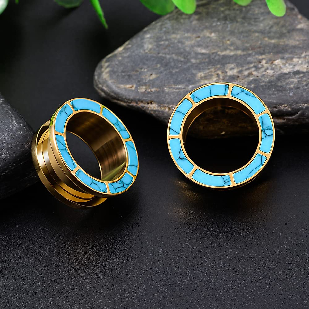 COOEAR Screw Back Ear Gauges Stainless Steel Tunnels Piercing Stone Mosaic Plugs Size 0g to 1".