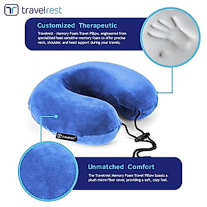 TRAVELREST - Travel & Neck Pillow, Therapeutic Memory Foam, Washable Micro-Fiber Cover, Soft and Comfortable - Head Support for Long Flights, Compact and Ergonommic Design, Attaches to Luggage - Blue