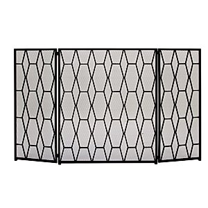 Deco 79 Metal Geometric Foldable Mesh Netting 3 Panel Fireplace Screen, 51" x 1" x 31", Black