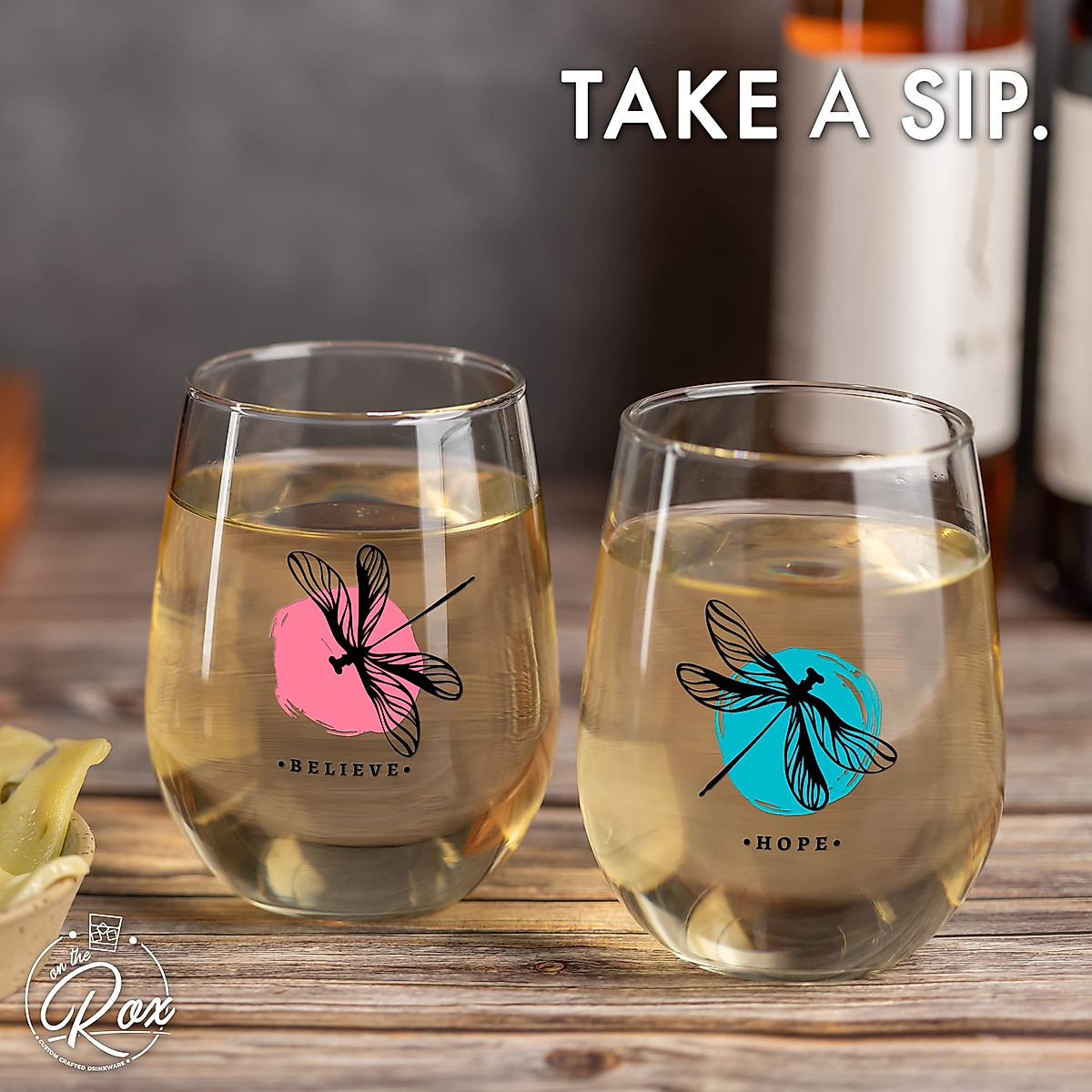 Dragonfly Gifts for Women - Stemless Wine Glass 2 Pc Set - 17 Oz - Spiritual Dragon Fly Gifts Decor for Home or Kitchen - Wine Tumbler Cups for Wine Coffee Tea Dragonflies Drinking Cup Mug Glasses