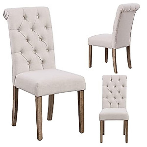 BTEXPERT BB5106-2 High Back Tufted Parsons Upholstered Padded Dining Room Chairs Side Wood Accent-Two Pack, Set of 2, Ivory Beige Linen Fabric