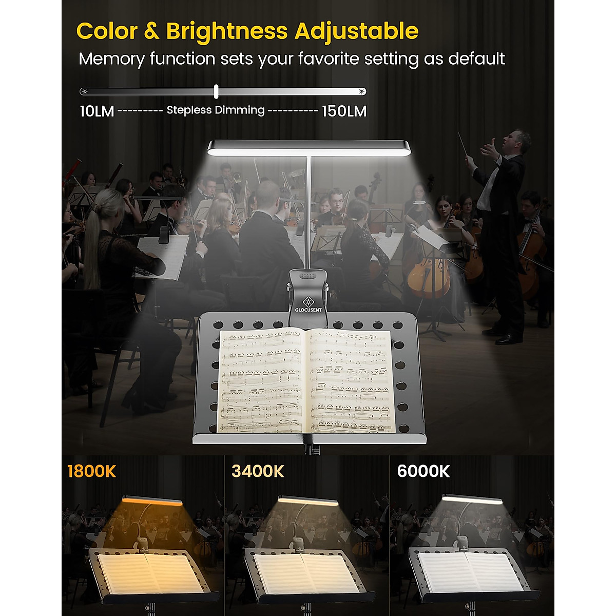 Glocusent 57 LED Super Bright Music Stand Light, Eye Caring Clip-on Piano Light, 3 Color & 5 Brightness, USB-C Rechargeable, Long Lasting up to 140 Hrs, Perfect for The Piano, Sheet Music