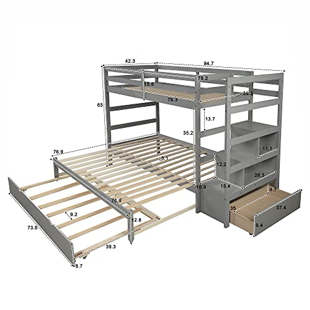Twin Over Twin/King Bunk Beds with Trundle, New Version Wooden Bunk Beds with Storage Drawers and Stairs, Extendable Pull-Out Bunk Bed, Convertible to Twin Over King Bunk Beds (New, Grey)