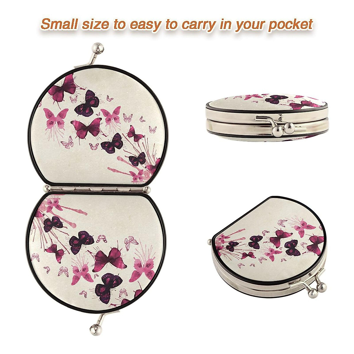 Tatenale Mirror for Women Purse Portable Makeup Mirror Pocket Small Hand Mirror Travel Carry ON Fold Mirror Round Butterflies Pink