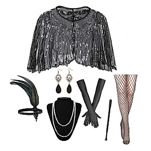 1920s Flapper Accessories Set, Roaring 20s Accessories Women Feather Headpiece Necklace Earrings Long Gloves,Silver Black