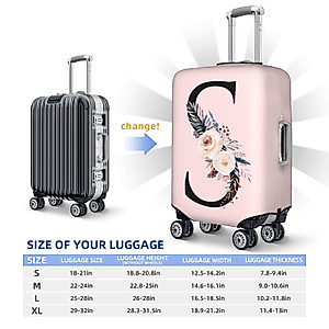 Elastic Travel Luggage Cover Cute Pink Suitcase Protector Bag,Black Letter S With Boho Floral Flowers Leaves Anti-Scratch,Dust-Proof Washable Suitcase Sleeve For Kid Adult,L (For 25-28 Inch Luggage)