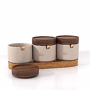 ISABETTA 3 Pcs Sugar Bowls Ceramic Condiment Pots，Ceramic spice jar，Ceramic Seasoning Jar with Wooden Lid Spoon and Tray for Home and Kitchen
